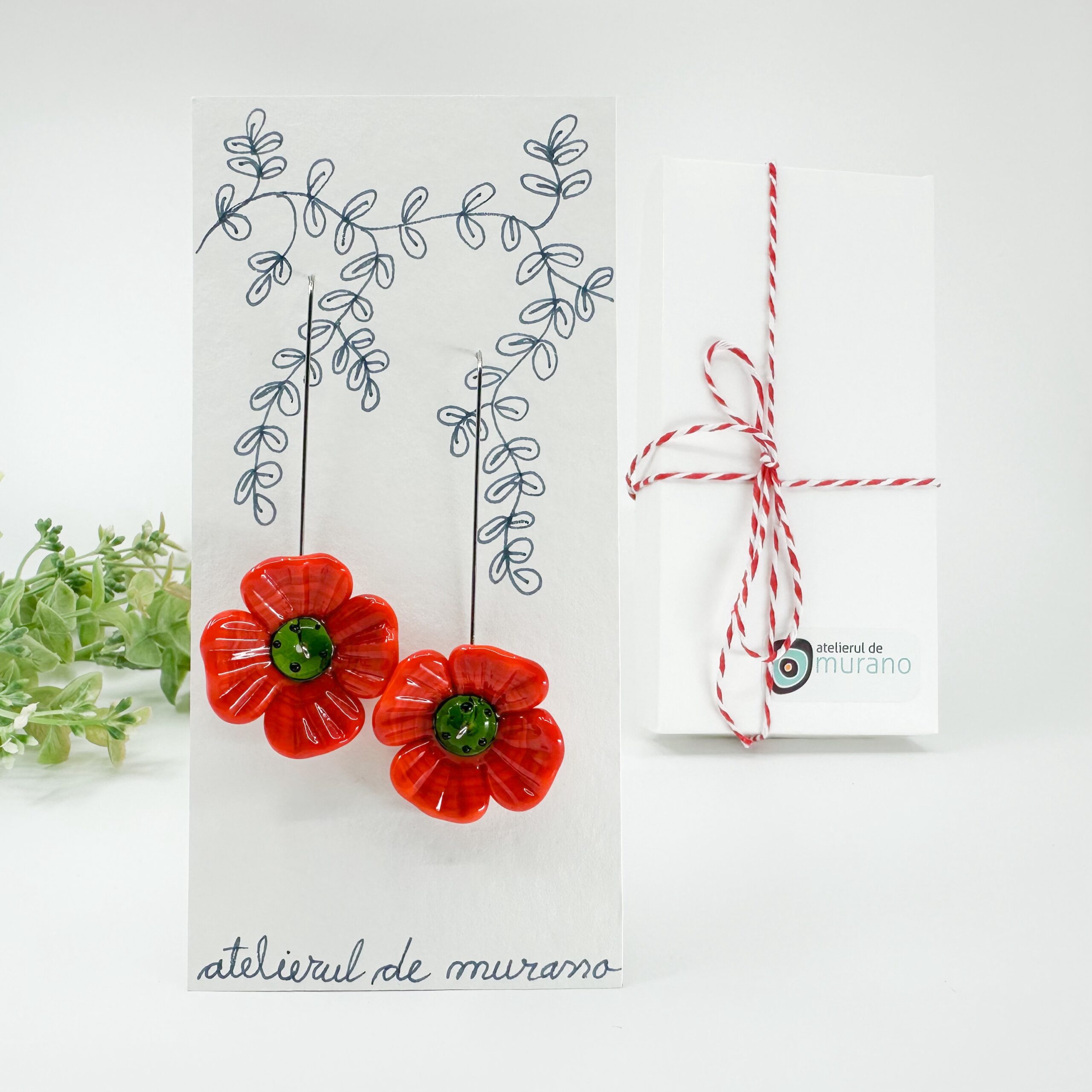 Cercei Murano Flori de mac (roșu aprins) - Atelierul de Murano